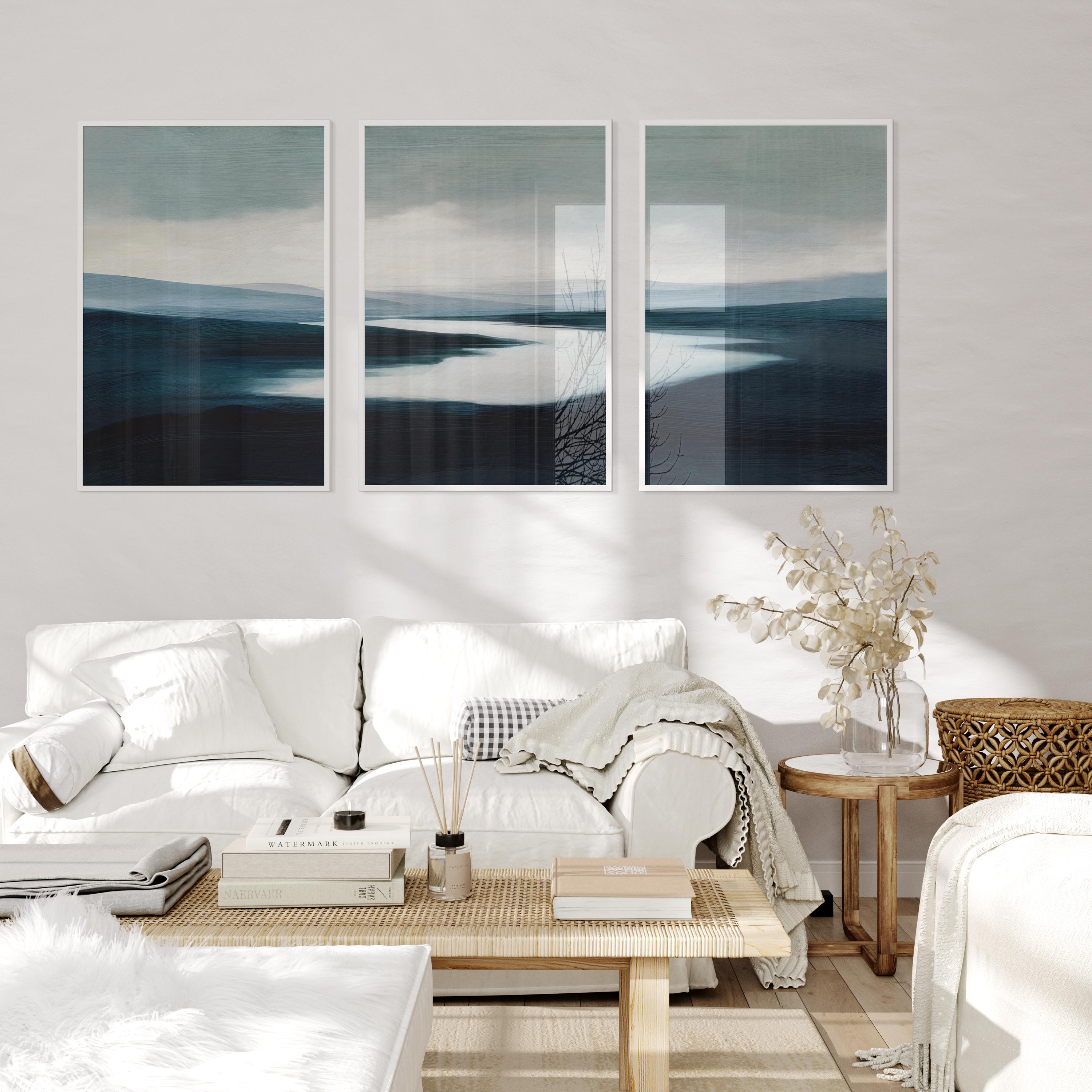 Muted Navy Blue Abstract Printable Landscape Wall Art Set of 3 Teal ...