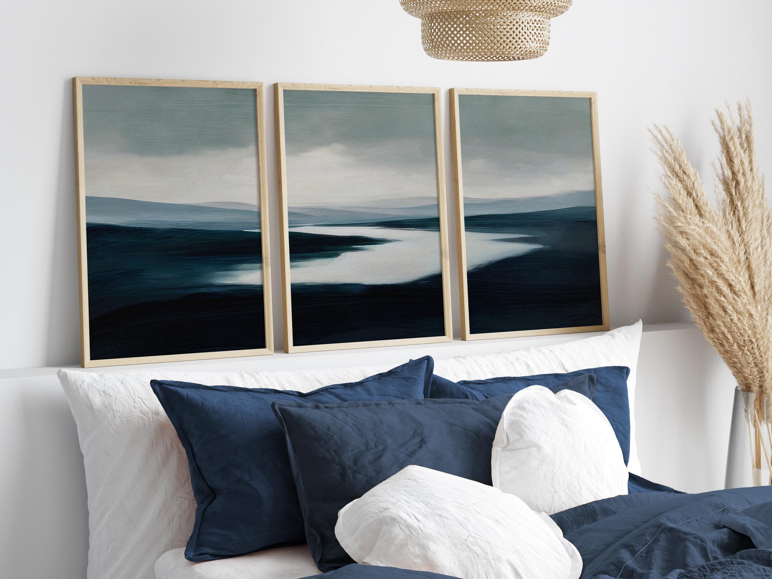 Muted Navy Blue Abstract Printable Landscape Wall Art Set of 3 Teal ...