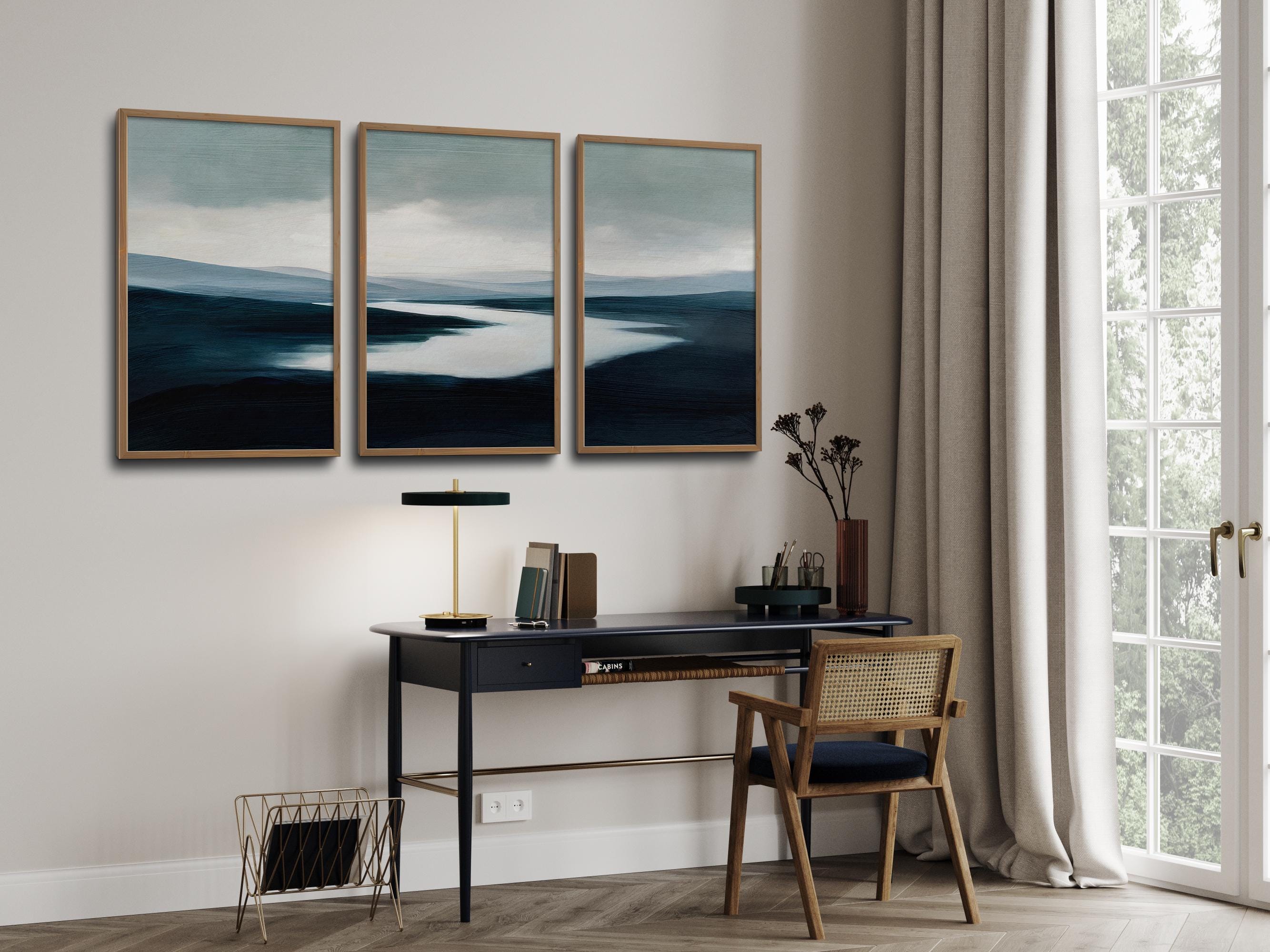 Muted Navy Blue Abstract Printable Landscape Wall Art Set of 3 Teal ...