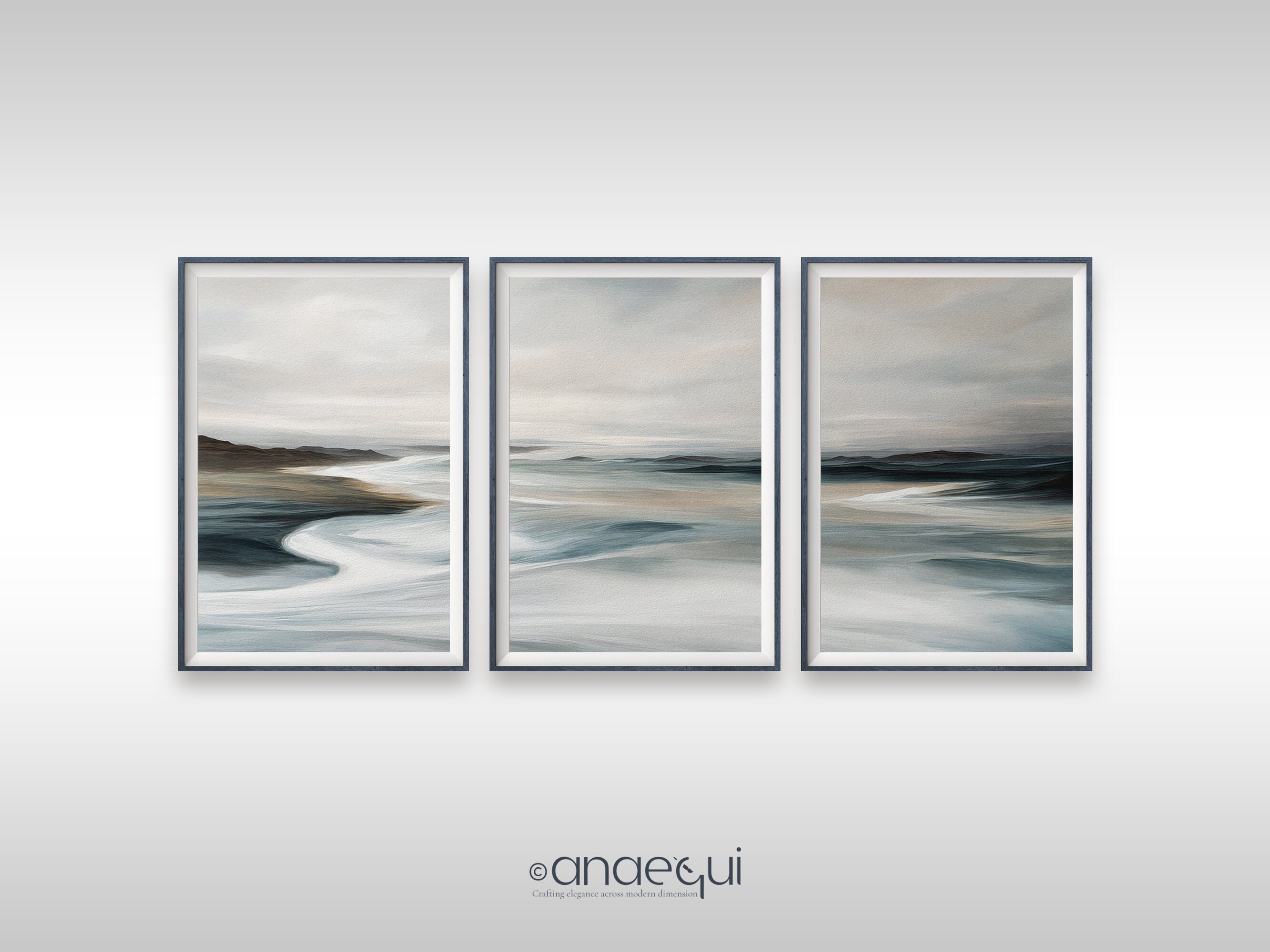 Tranquil Muted Seascape Wall Art of 3 Abstract Ocean Waves, Serene ...