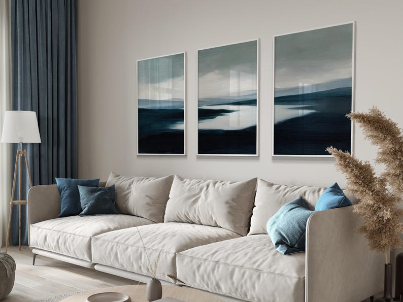 Muted Navy Blue Abstract Printable Landscape Wall Art Set of 3 Teal ...