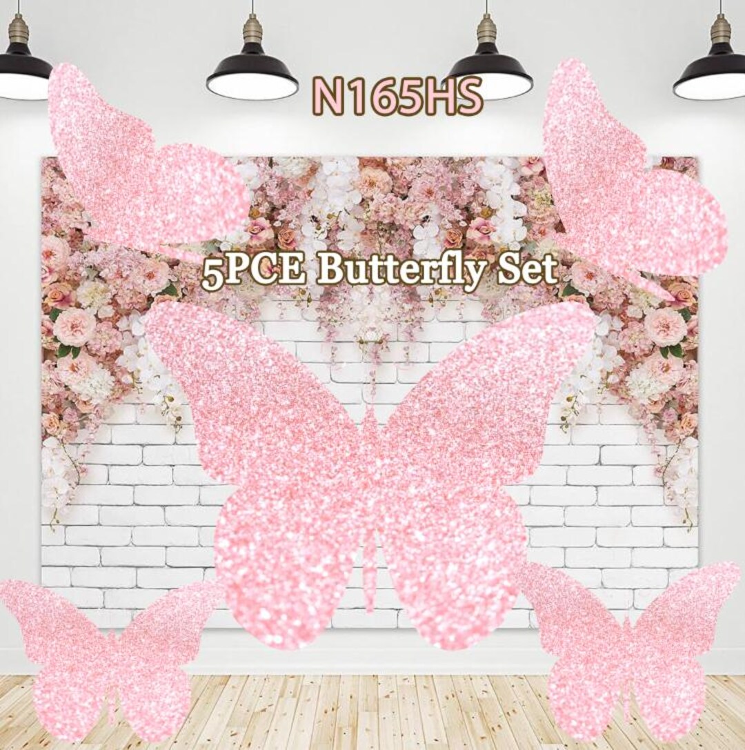 5PCE Pink Glitter Butterflies; Party Props, Party Decor, Yard Card ...