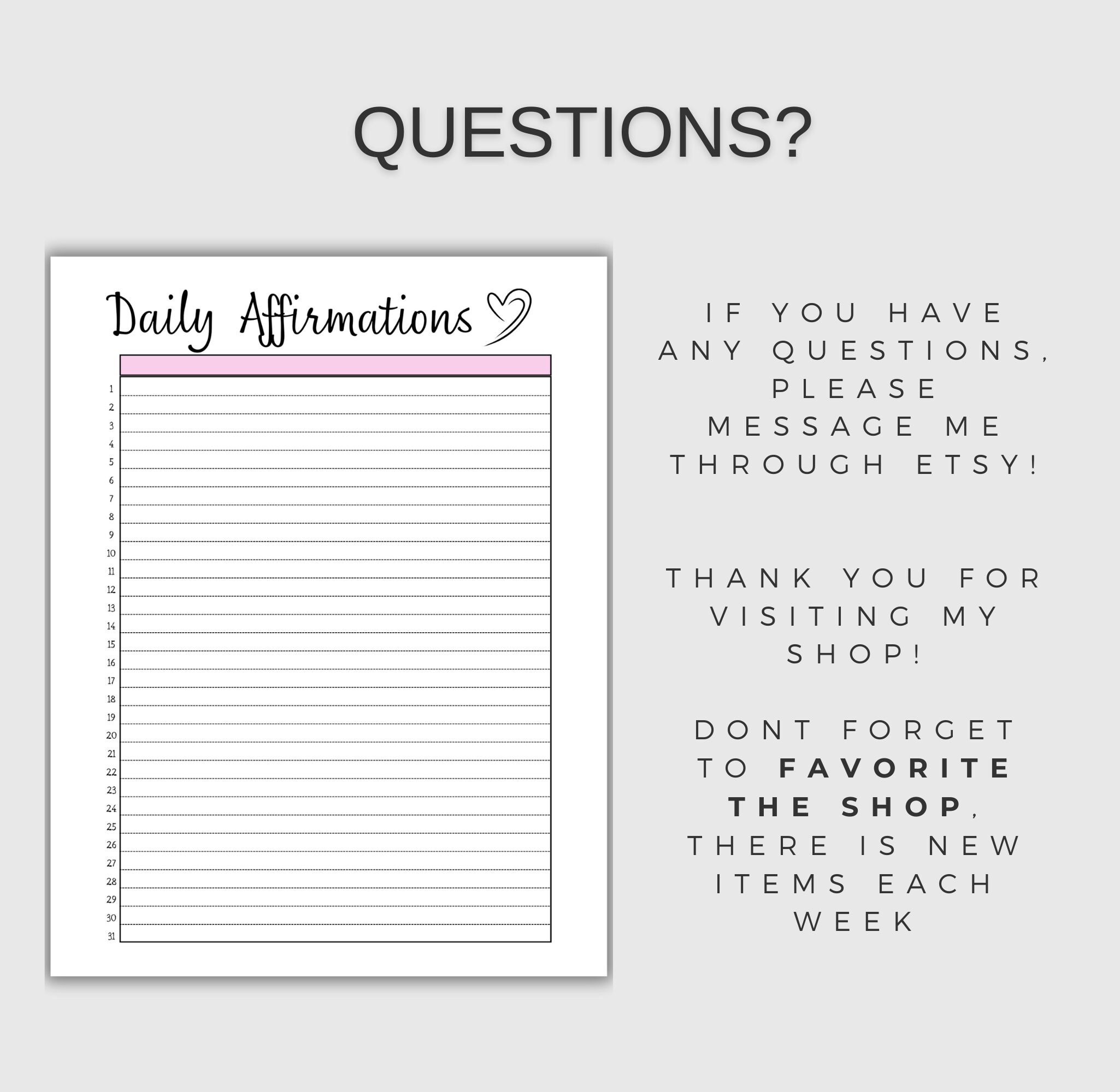 Daily Affirmations Log Tracker Printable Self Care Affirmation Journal ...