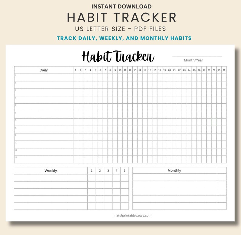 Habit Tracker Printable Daily Goal Planner Digital Download Weekly ...
