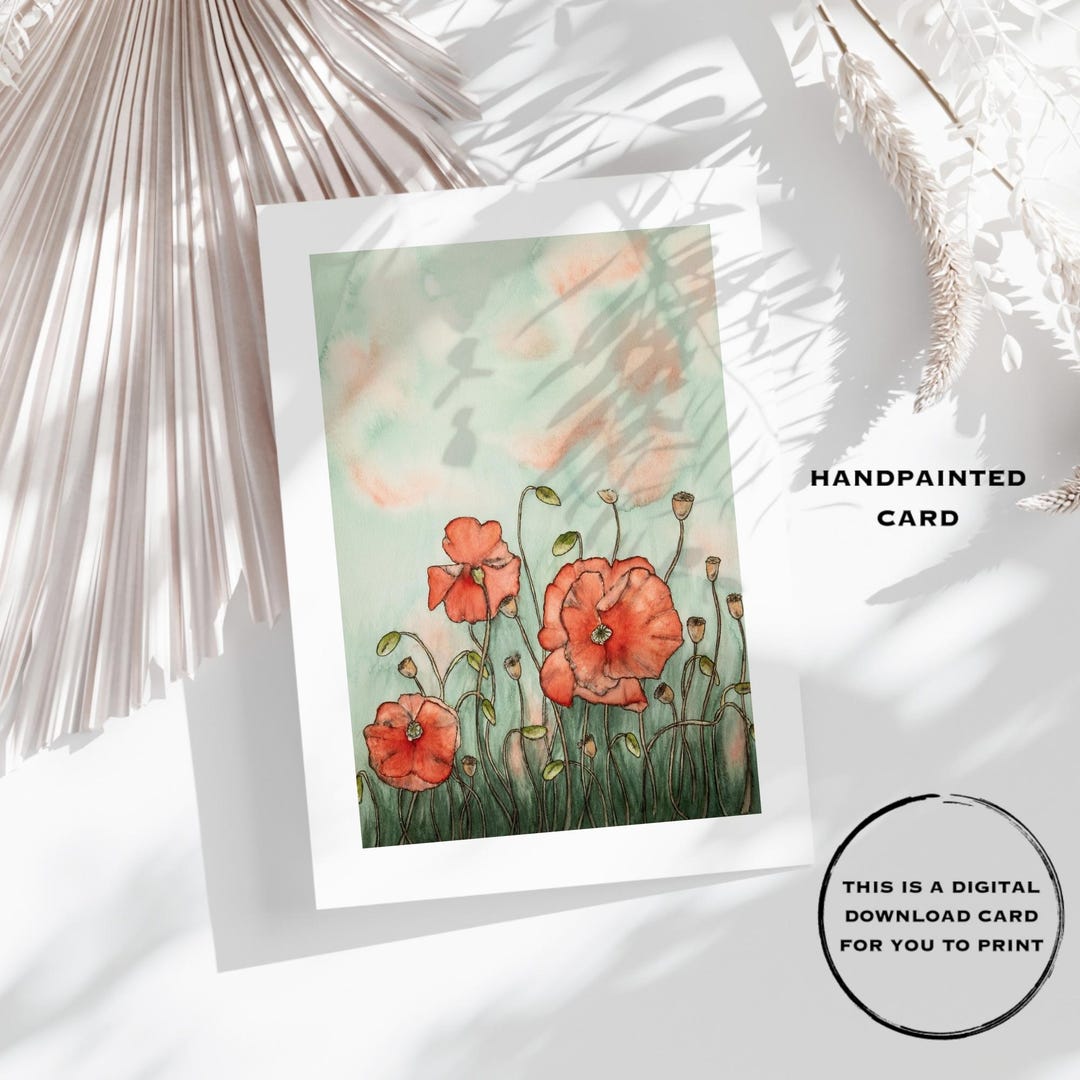 Red Poppies Watercolour Card, Hand Painted Poppy Blank Flower, Greeting ...