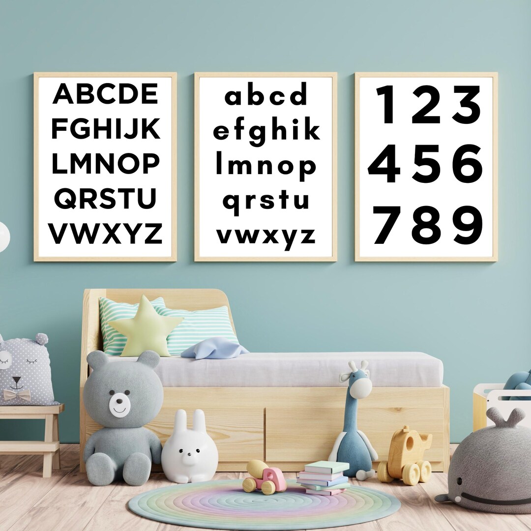 Alphabet & Numbers Poster Set: Black and White Nursery Art (digital ...
