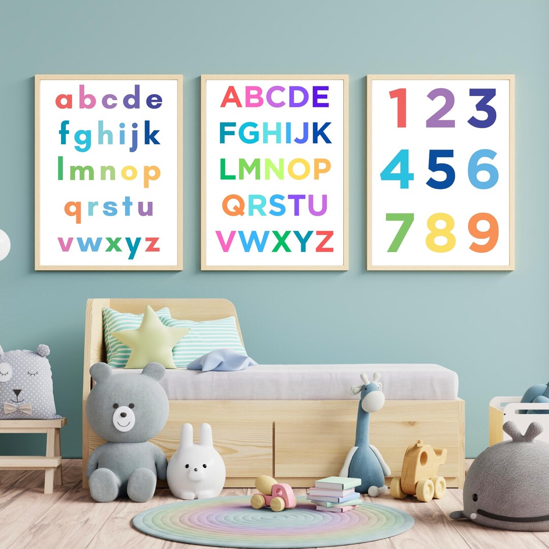 Rainbow Alphabet & Numbers Wall Art: Set of 3 Nursery Prints (digital ...