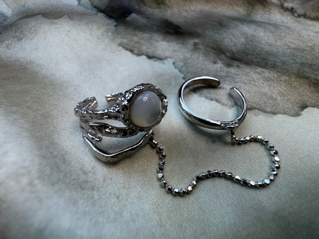Sterling Silver Double Ring With Chain and Shell Stone, Waterproof ...