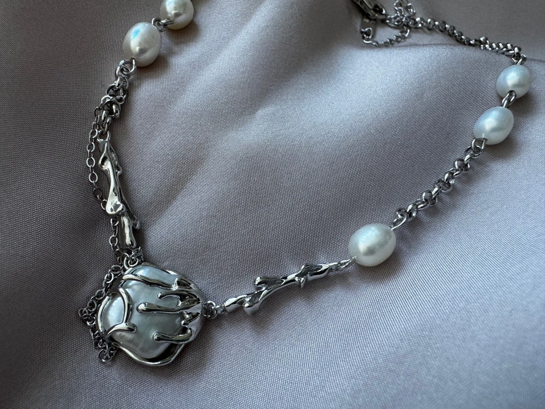 Baroque Pearl Necklace, Silver Necklace With Chain and Pearls, Square ...