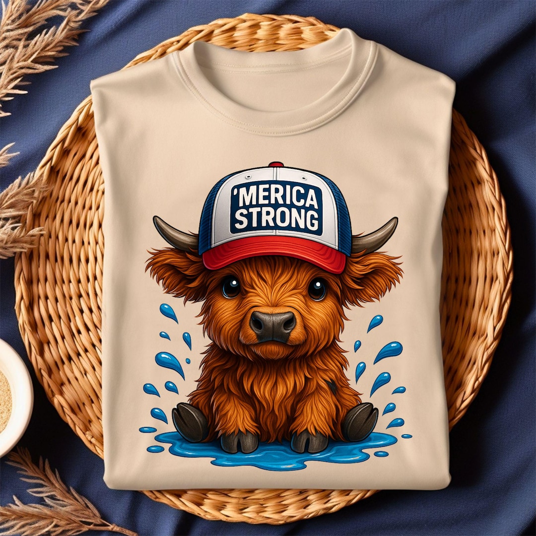 Merica Strong Highland Cow PNG | Cute Patriotic Baby Bull in Hat ...