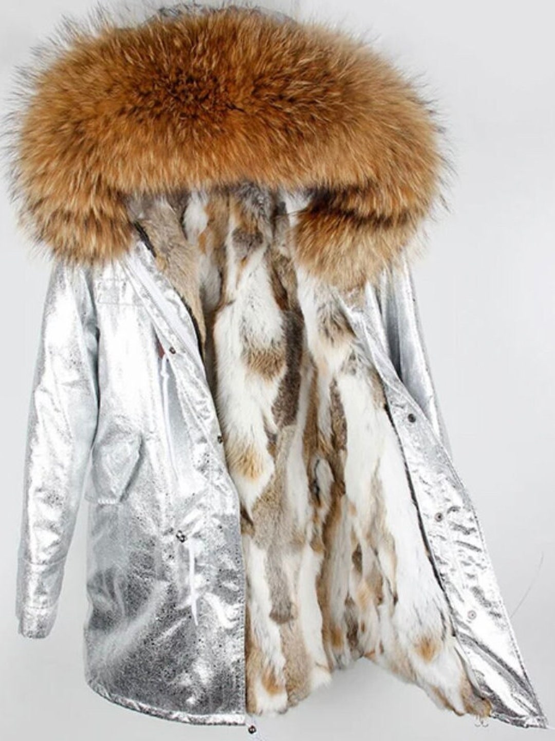 Warm Winter Coat Rabbit and Fox Fur Parka Silver With Natural Fur - Etsy