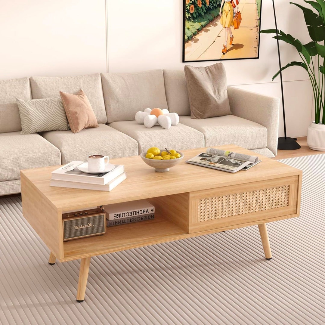 Rattan Woven Coffee Table Siding Door Wooden Center Piece - Etsy