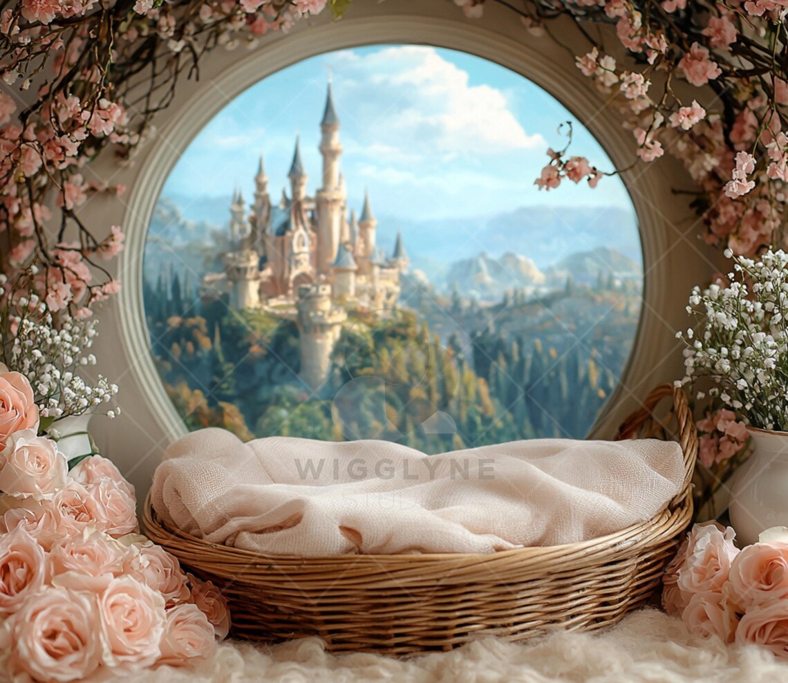 Newborn Digital Backdrop | Spring Castle Window With Blossoms and ...