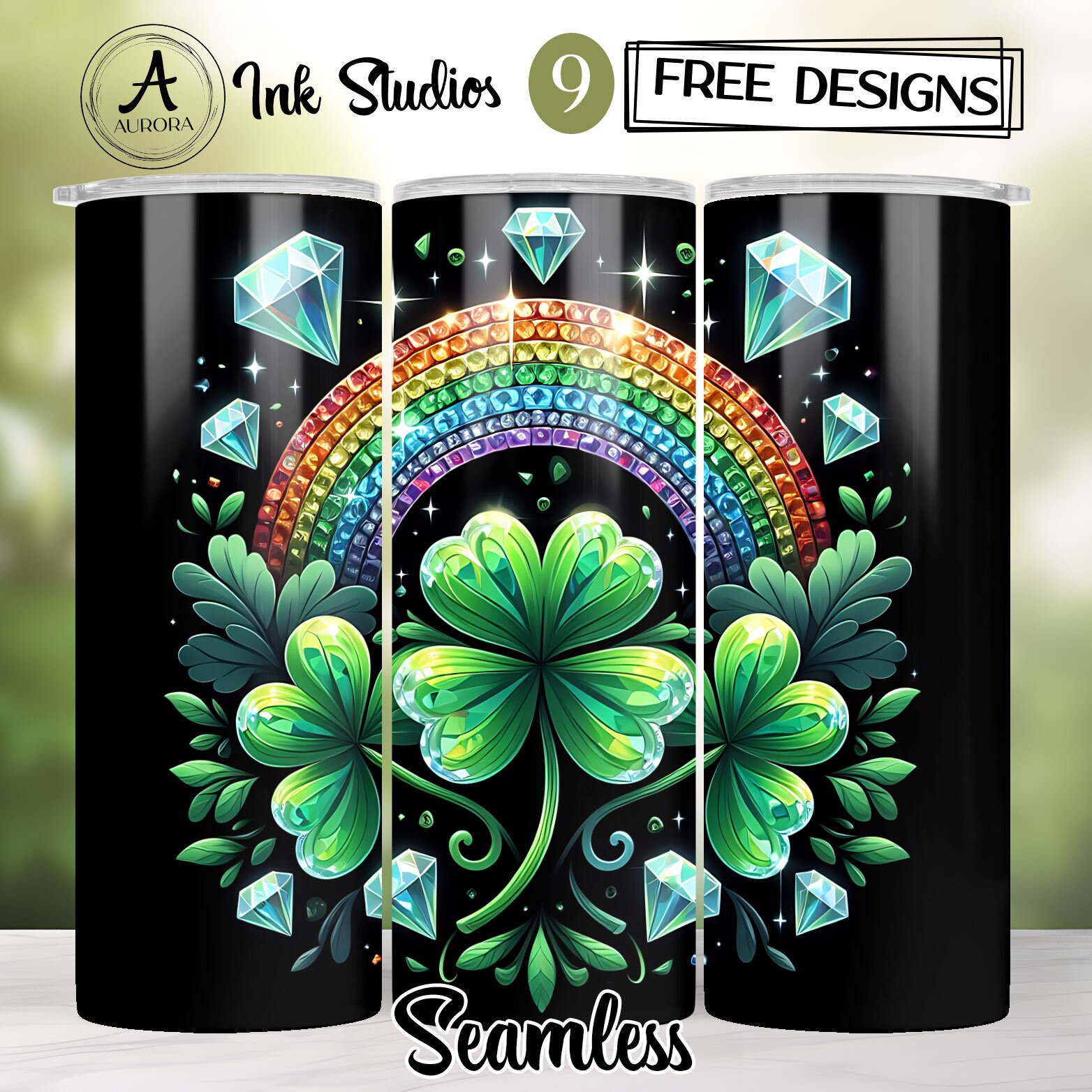 St Patricks Day Tumbler PNG, Rainbow Diamond Wrap, Crystal Shamrock ...
