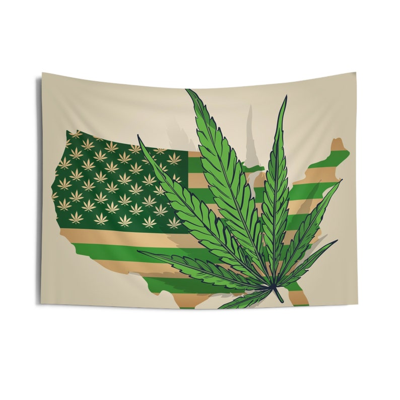 Green Glory Cannabis Flag Tapestry United States Shaped Art With Pot ...