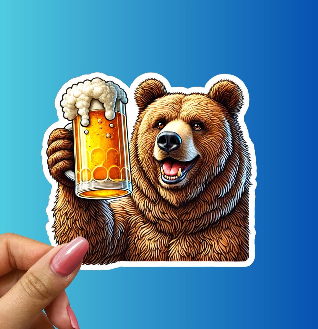 Beer-loving Bear Sticker: Funny Vinyl Decal for Laptops & Water Bottles ...