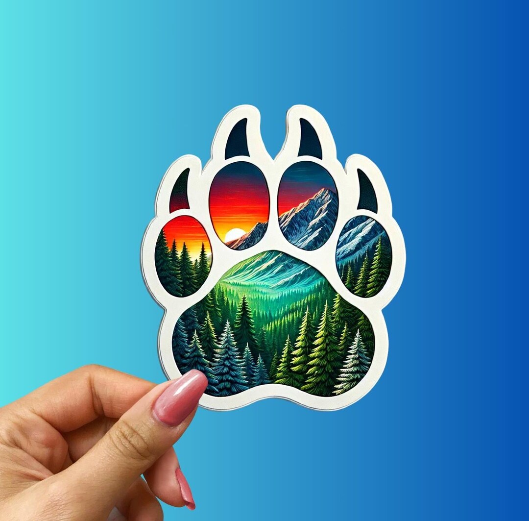Mountain Sunset Paw Print Sticker for Nature Lovers, Forest Adventure ...