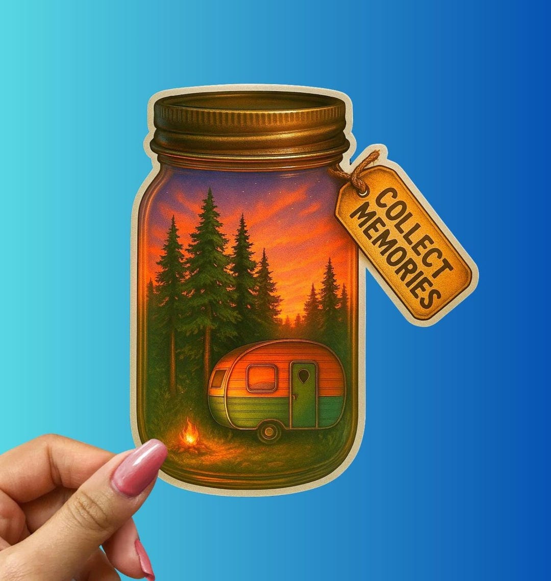 Camping Sticker: Vintage Camper in Mason Jar - Forest Sunset Art - Etsy