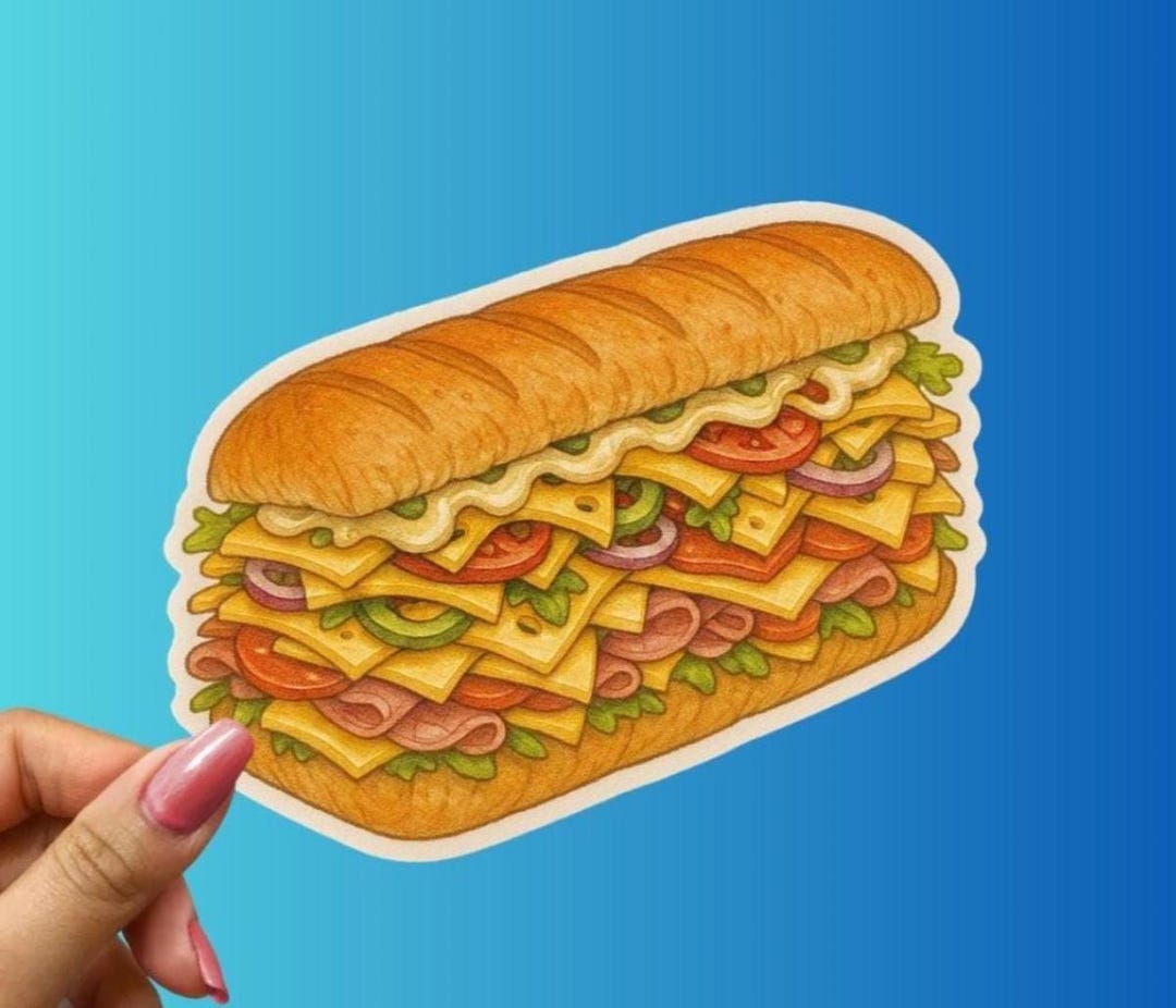Mega Sub Sandwich Sticker – Overstuffed Deli Hoagie Decal, Funny Food ...