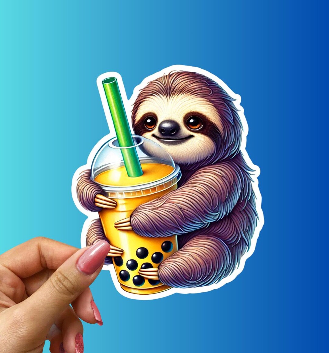 Adorable Sloth Boba Tea Hug Sticker, Bubble Tea Vinyl Decal, Cute ...