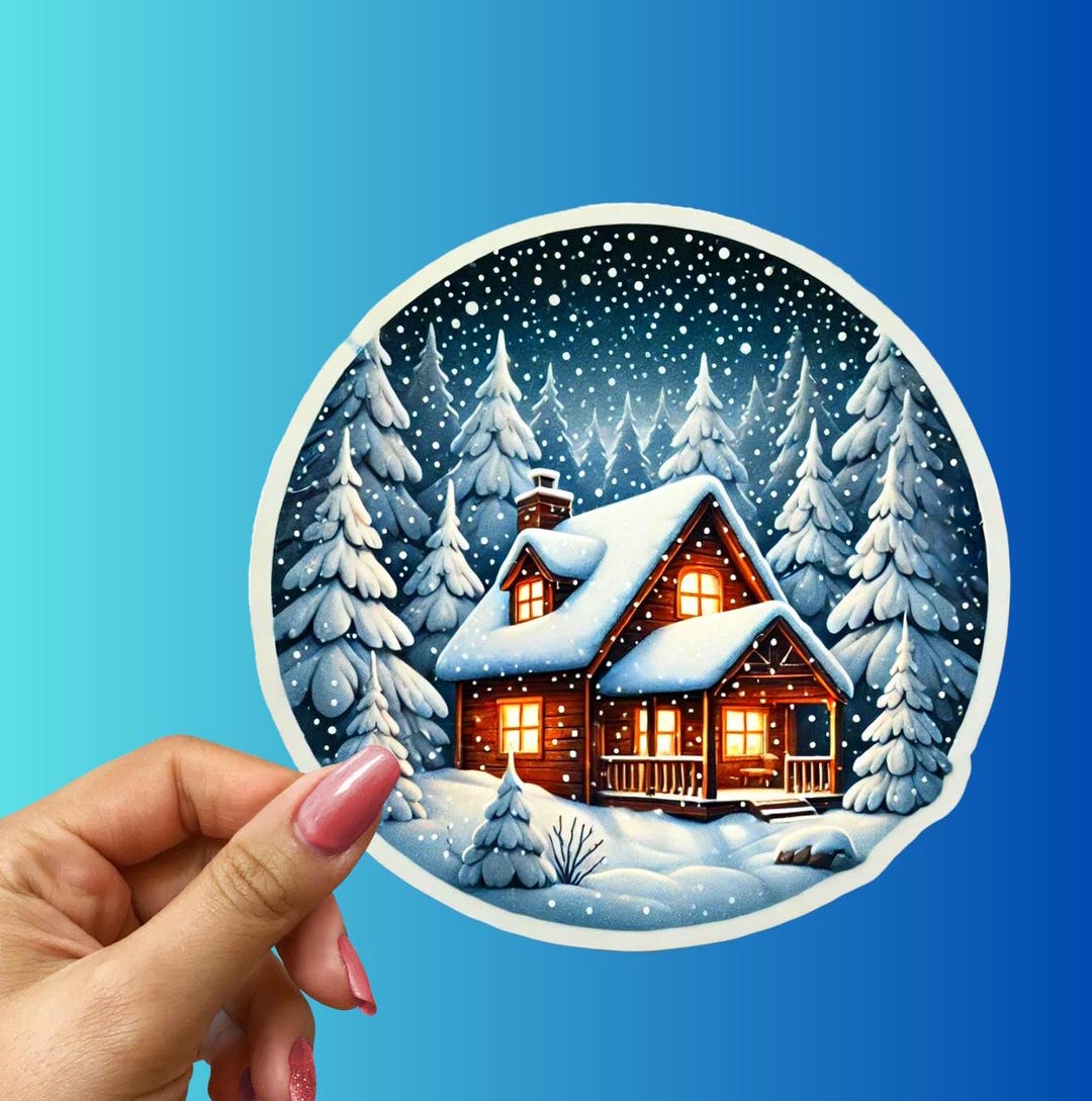 Cozy Winter Cabin Sticker - Snowy Forest Scene Vinyl Decal | Holiday ...