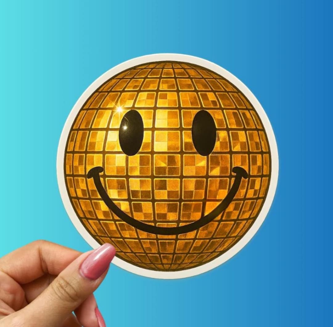 Disco Ball Smiley Sticker, Retro Party Decal, Funky 70s Smile Face - Etsy