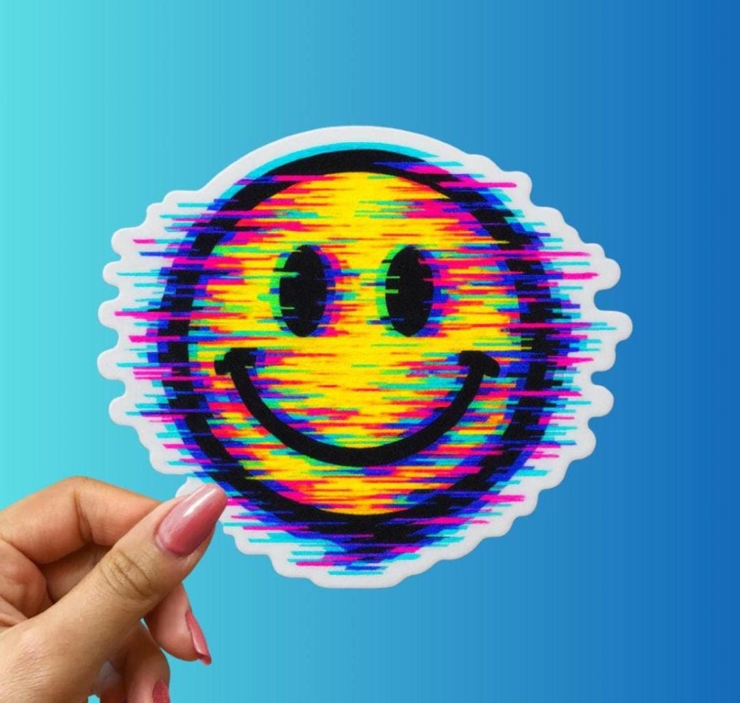 Glitch Smiley Face Sticker – Trippy Retro Happy Face Decal – Aesthetic ...