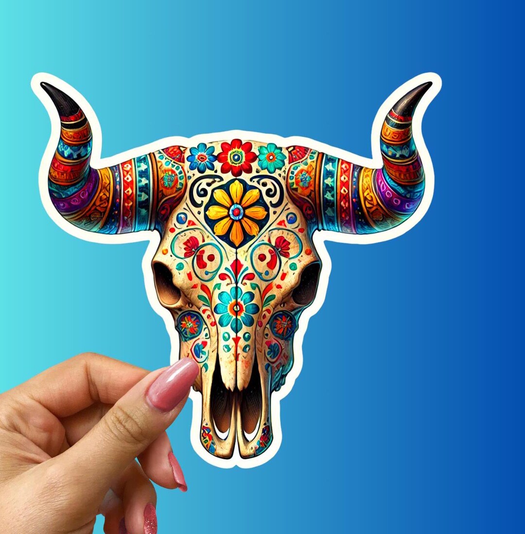 Colorful Boho Bull Skull Sticker - Southwestern Floral Vinyl Decal ...