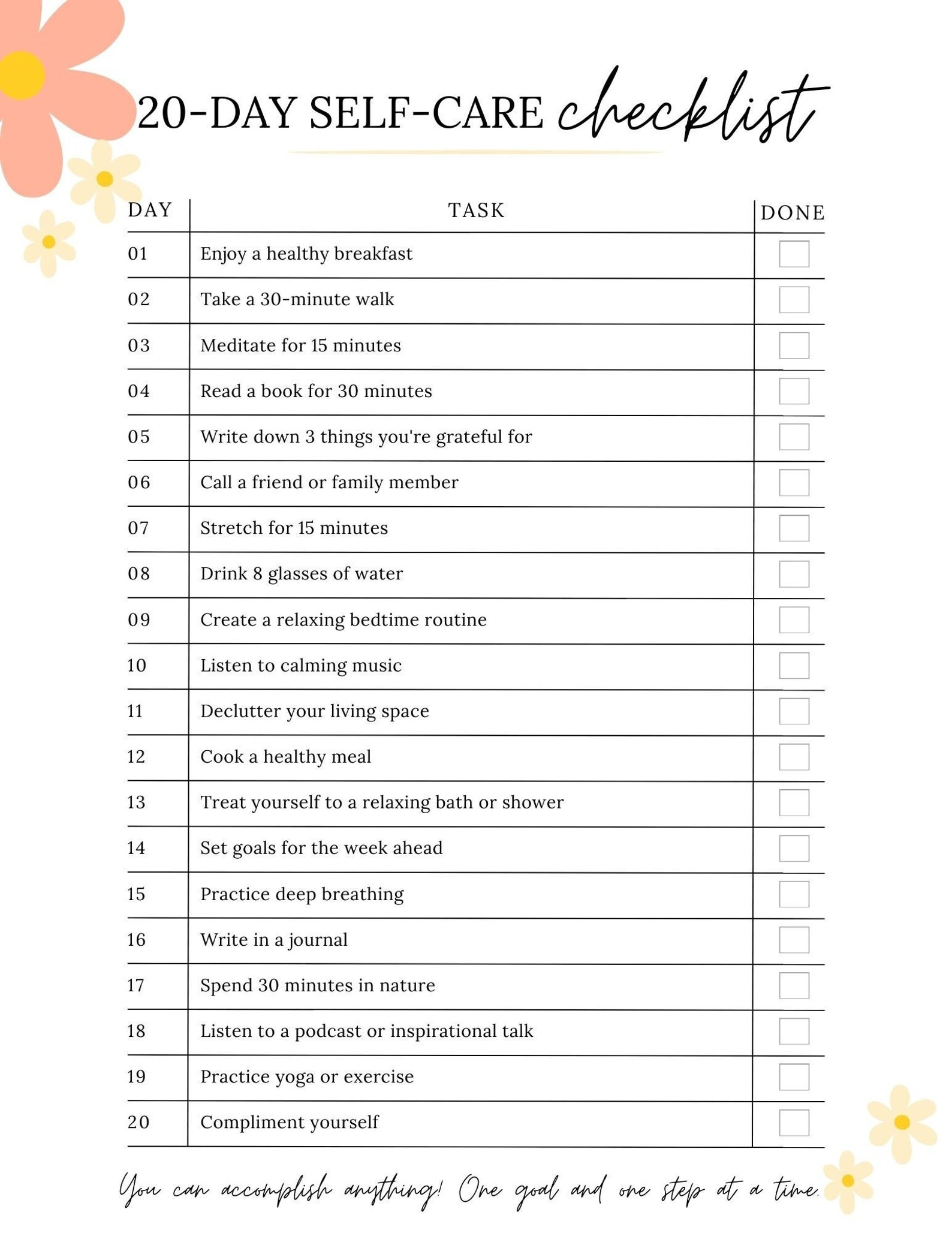 Self-care Checklist, Printable, Instant Download, Self-improvement ...