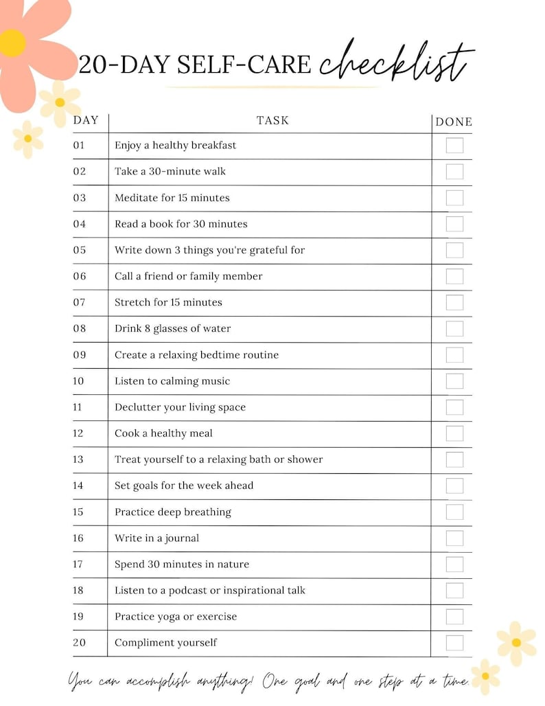 Self-care Checklist, Printable, Instant Download, Self-improvement ...