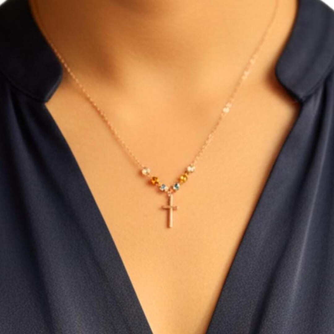 Dainty Gold Cross Necklace Family Birthstone, 14k Gold Cross Pendant ...