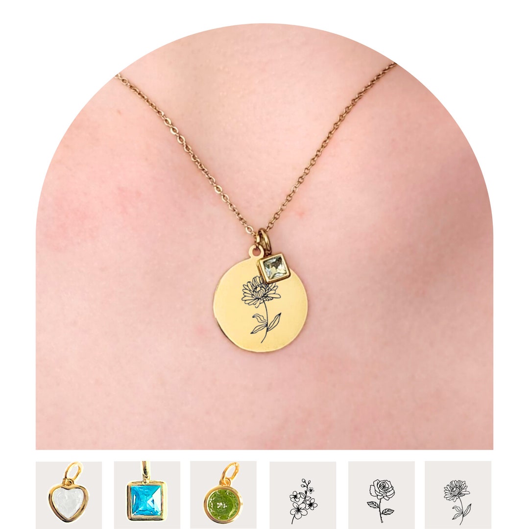 Birth Month Flowers Necklace (on Disc) With Birthstone Necklace ...