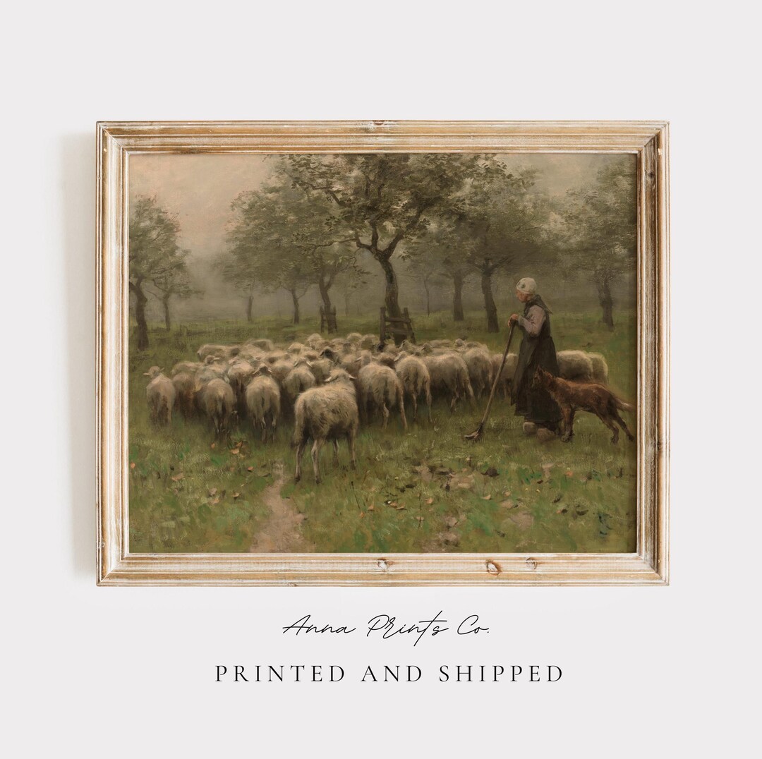 MAILED Giclée Print | Shepherdess With a Flock of Sheep Vintage ...