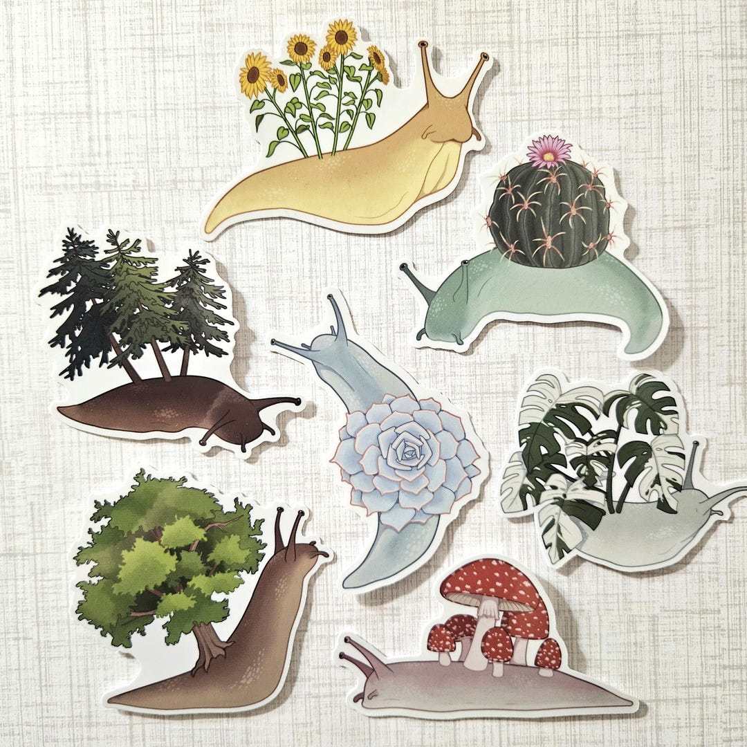 Botanical Snails Vinyl Sticker Pack - Whimsical Slug Sticker Set ...