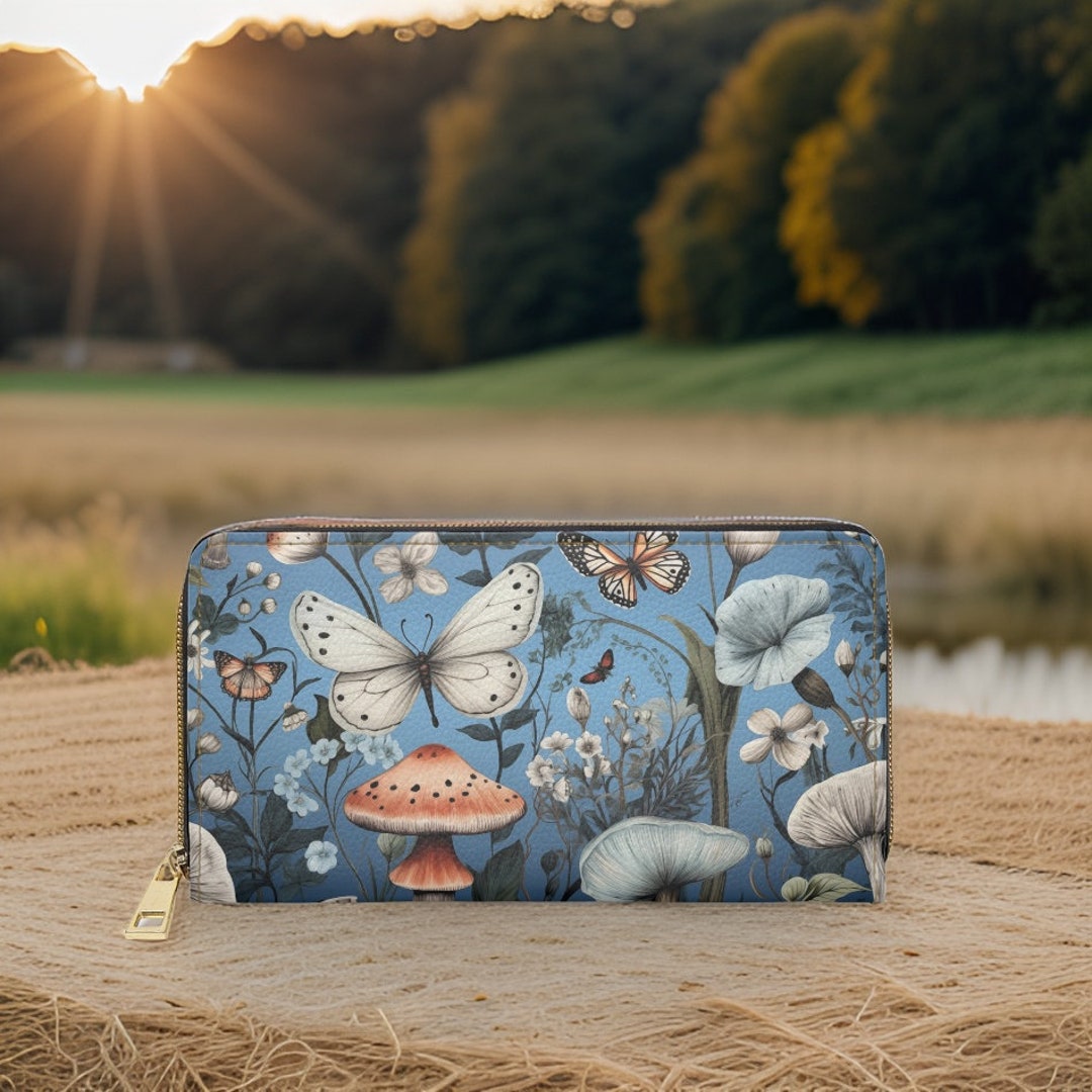 Blue Butterfly Zipper Wallet Mushroom Purse, Vintage Style Purse ...