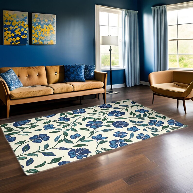 Blue White Contemporary Area Rug 3 Sizes Floral Area Rug, Indoor Decor ...