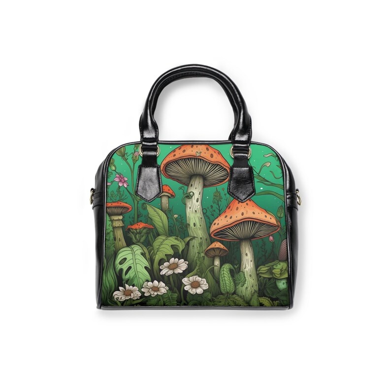 Green Mushroom Leather Handbag Cottage-core, Pressed Mushroom Print ...