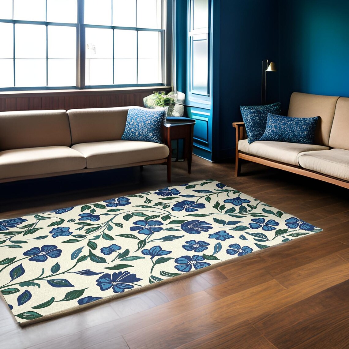 Blue White Contemporary Area Rug 3 Sizes Floral Area Rug, Indoor Decor ...