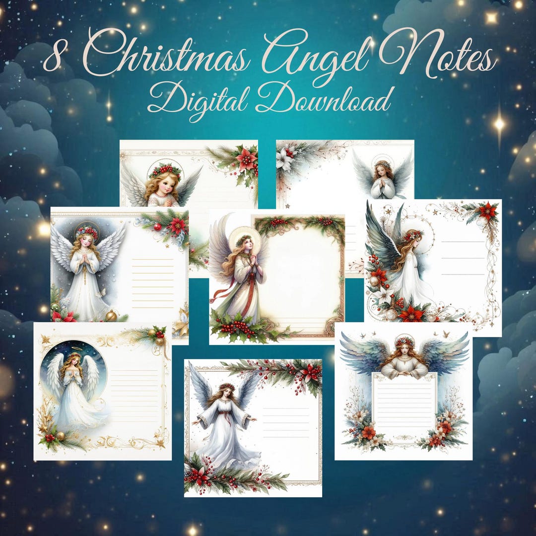 Christmas Angel Notes Set of 8 Digital Download Angel Art Printable for ...