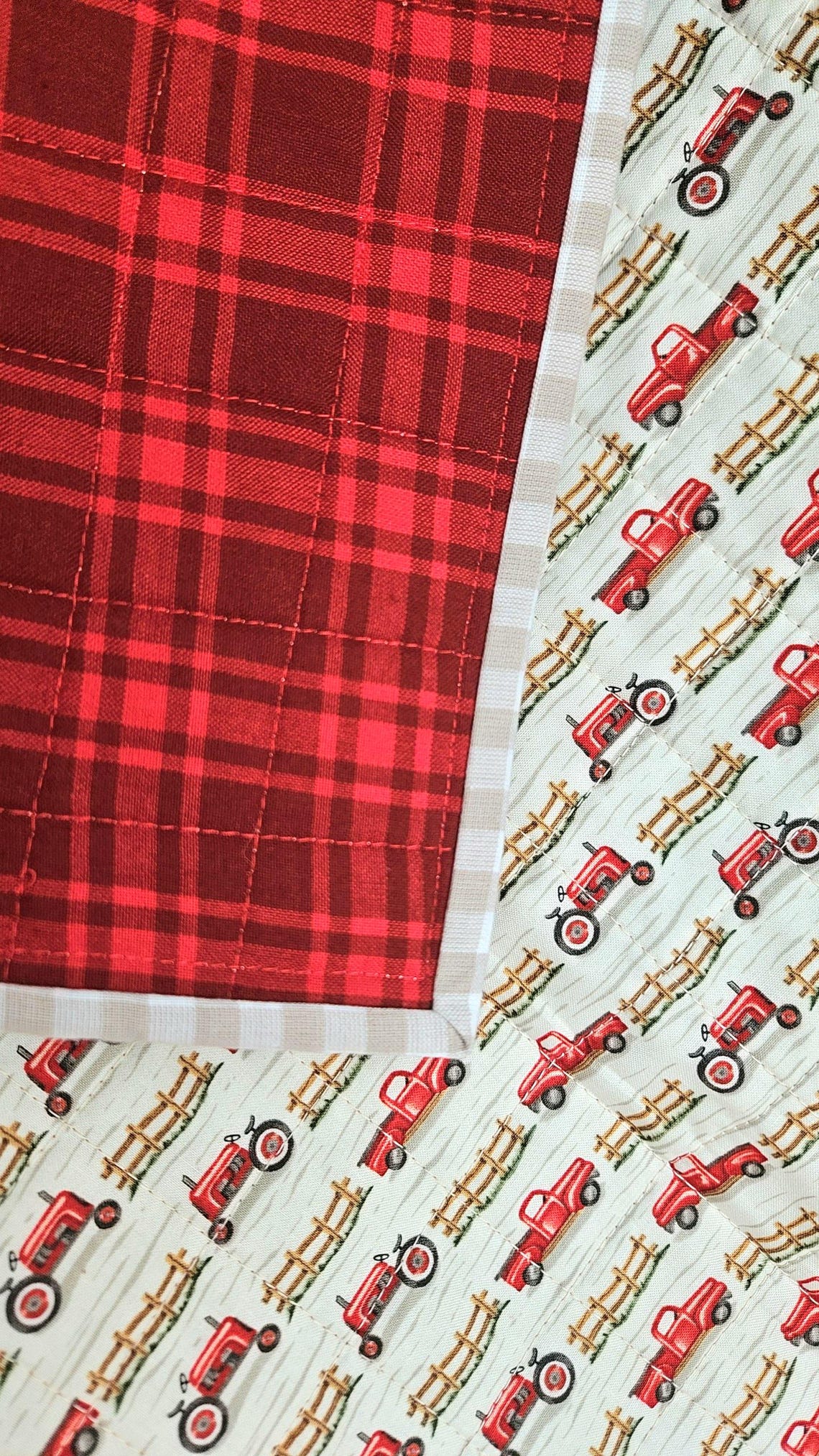Handmade Farm Tractor Baby Quilt: Red Plaid Cotton Blanket - Etsy