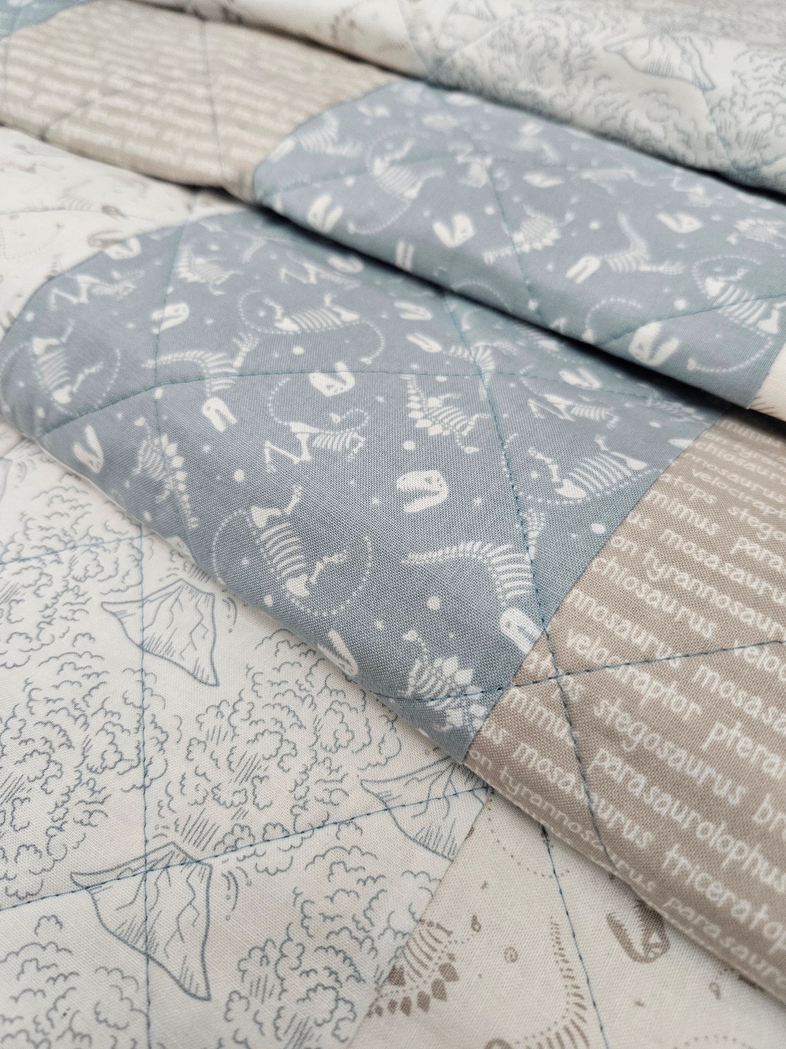 Baby Boy Patchwork Dinosaur Quilt | Blue and Tan | Handmade Quilt - Etsy