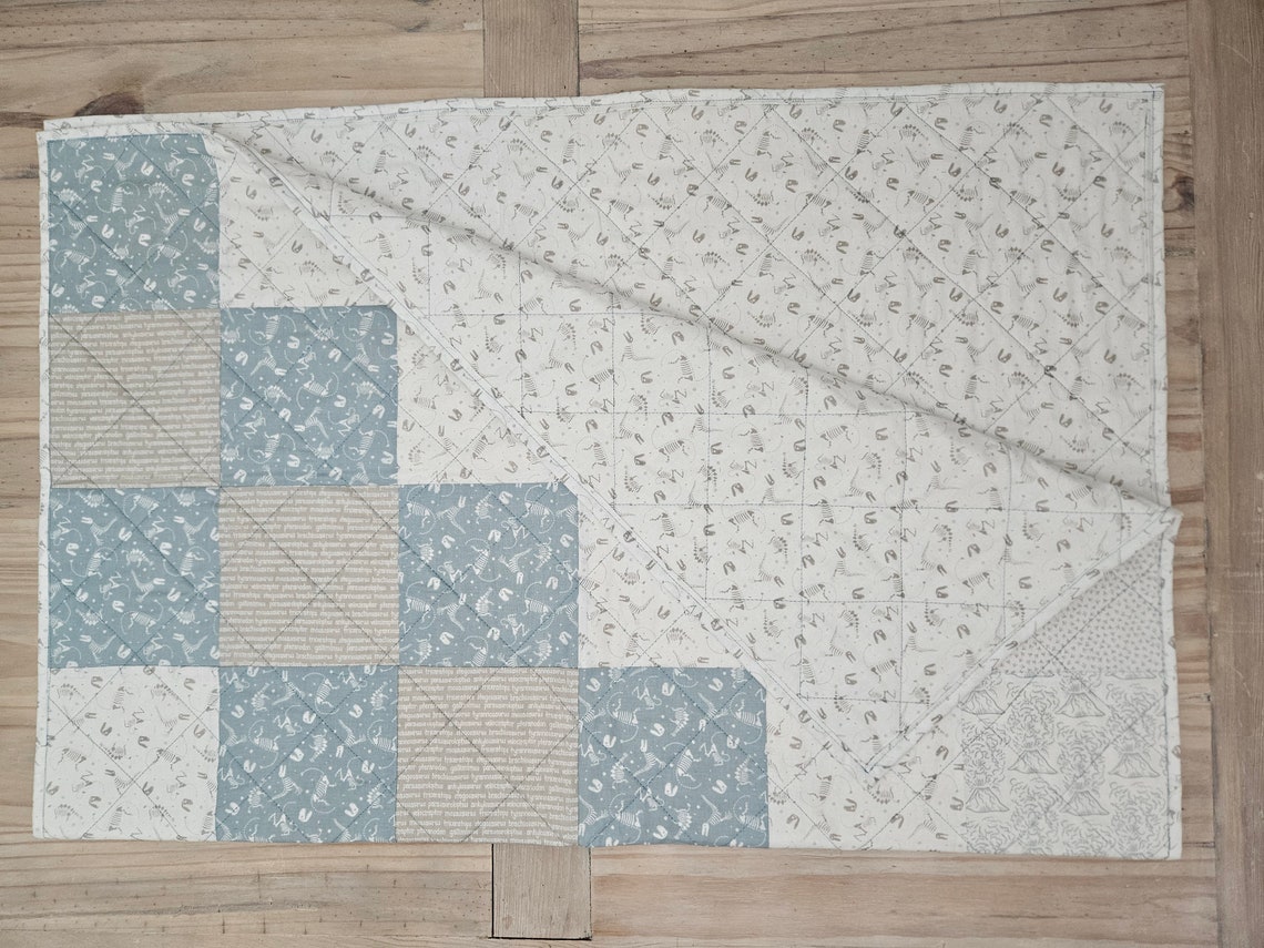 Baby Boy Patchwork Dinosaur Quilt | Blue and Tan | Handmade Quilt - Etsy