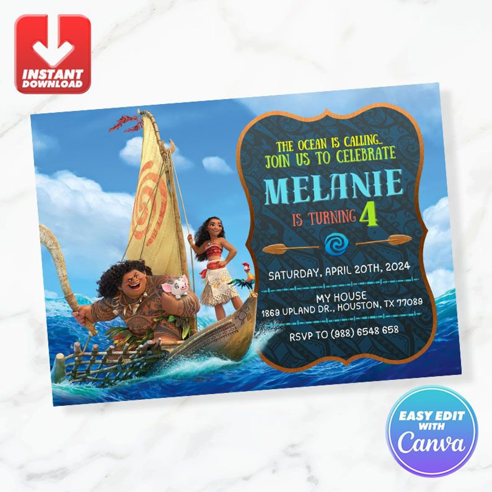 Princess Moana Birthday Invitation Moana Birthday Invite Editable ...