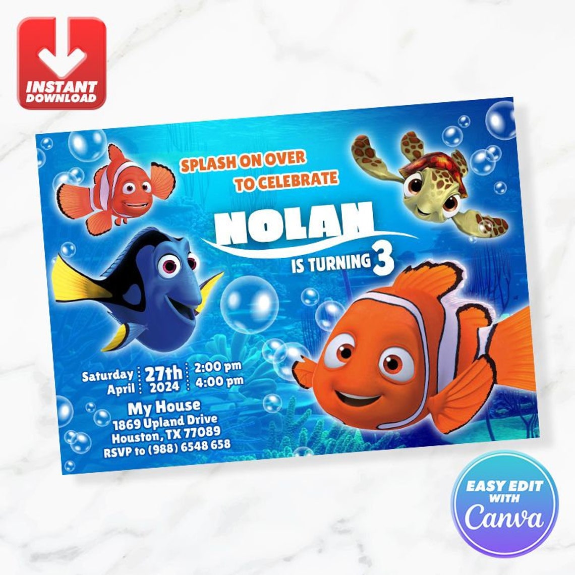 Finding Nemo Birthday Invitation Nemo Birthday Invite Editable Template ...
