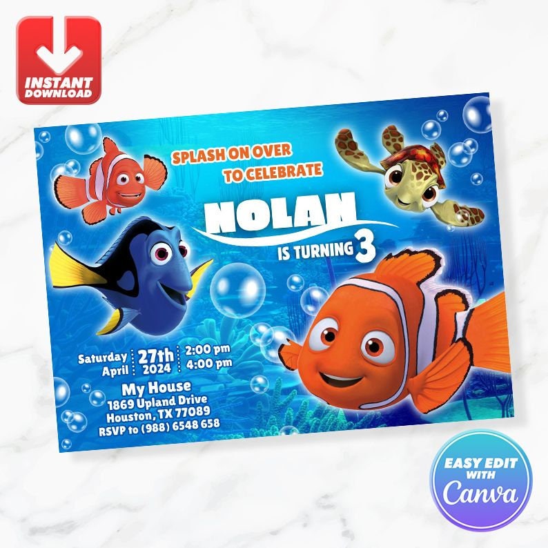 Finding Nemo Birthday Invitation Nemo Birthday Invite Editable Template ...