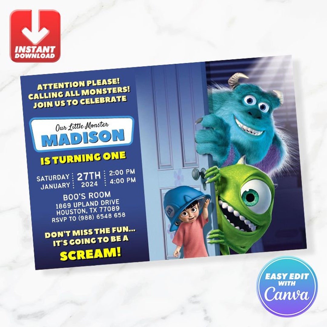 Monsters Inc Birthday Invitation Printable Editable Template Instant ...