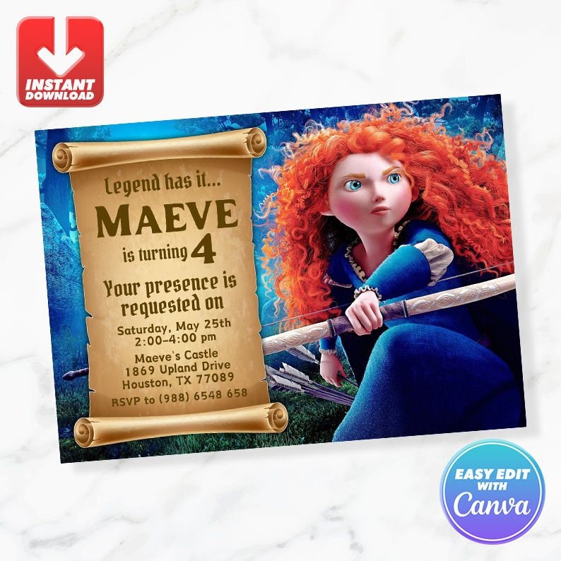 Brave Birthday Invitation Princess Merida Birthday Invite Editable ...
