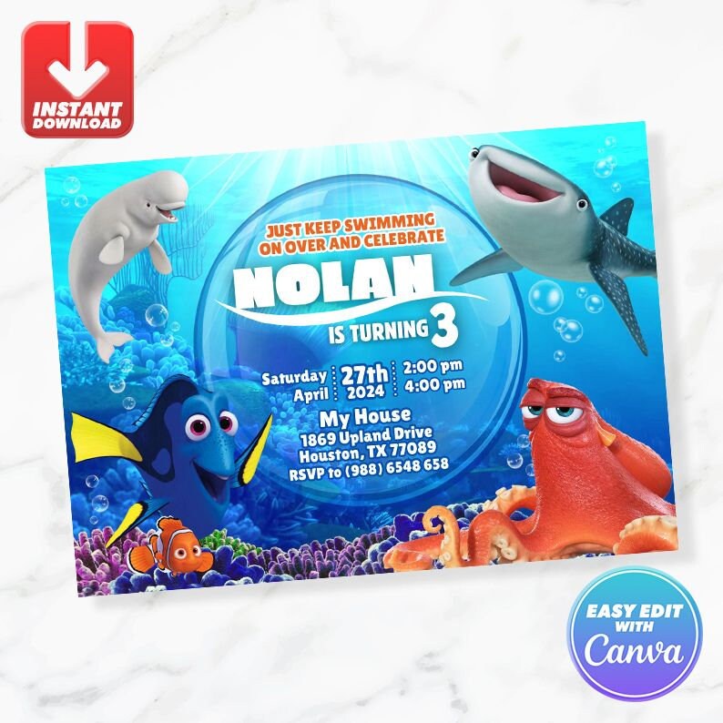 Finding Dory Birthday Invitation Finding Nemo Birthday Invite Editable ...