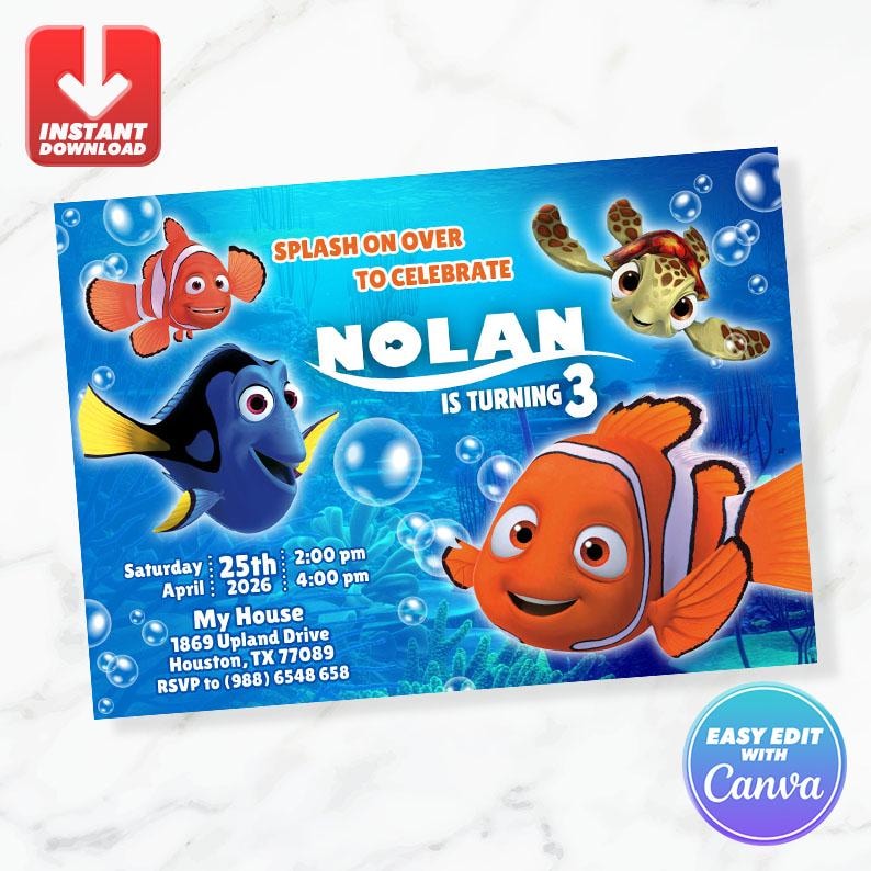 Finding Nemo Birthday Invitation Nemo Birthday Invite Editable Canva ...