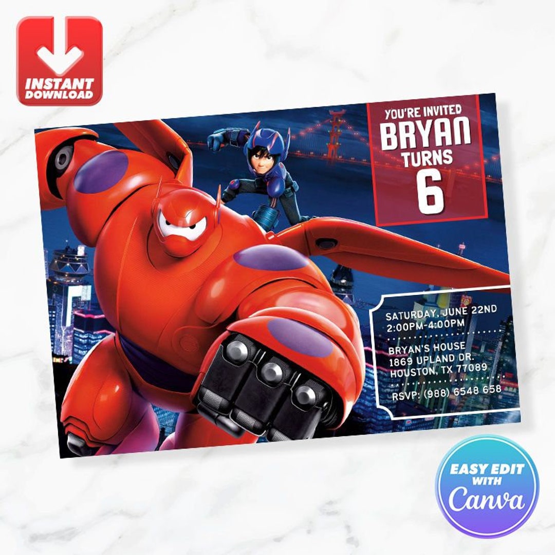 Big Hero 6 Invitation Baymax Bay Max Birthday Invite Editable Template ...